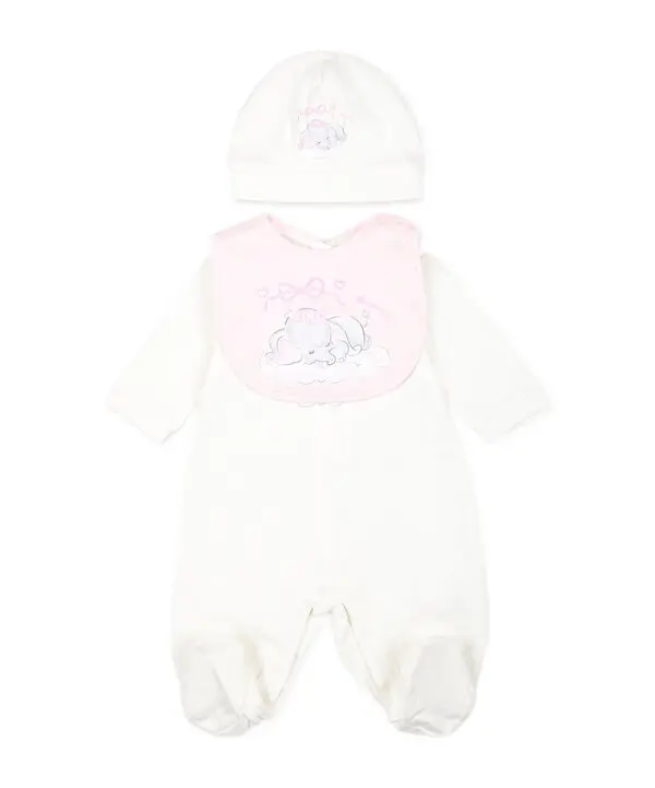 Monnalisa Babygrow Set With Elephant Print And Bib - White