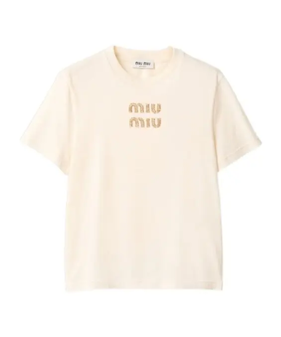 Miu Miu Logo Embellished Crewneck T-shirt - Natural