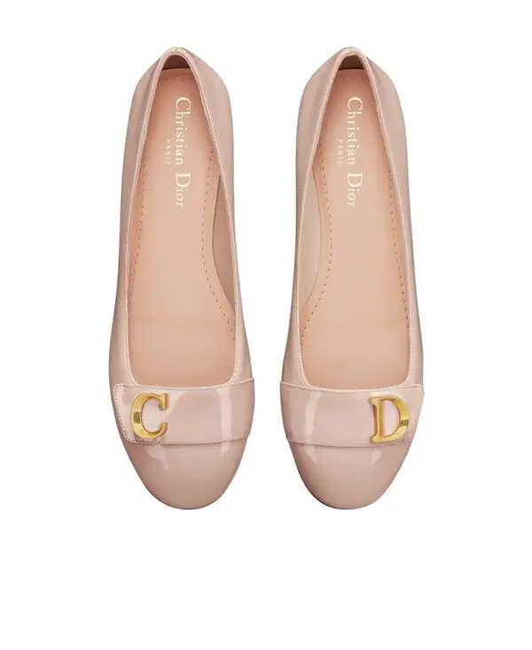 Dior Patent Leather Ballet Flats With Gold Tone Initials - Nude