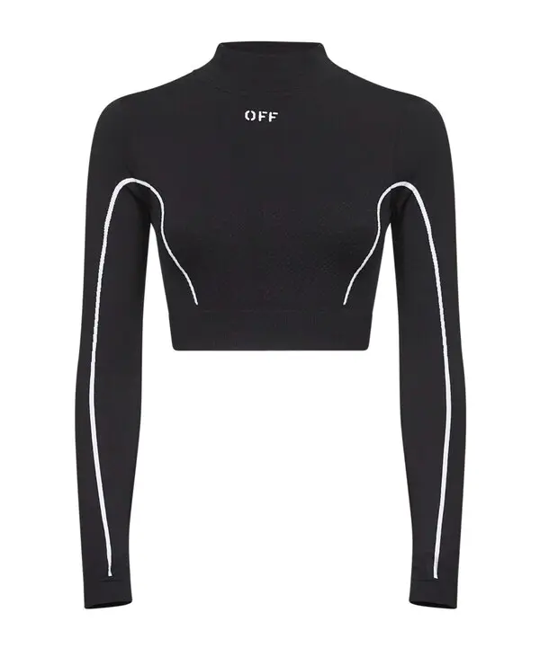 Off-White Ribbed Cropped Long Sleeve Top - Black