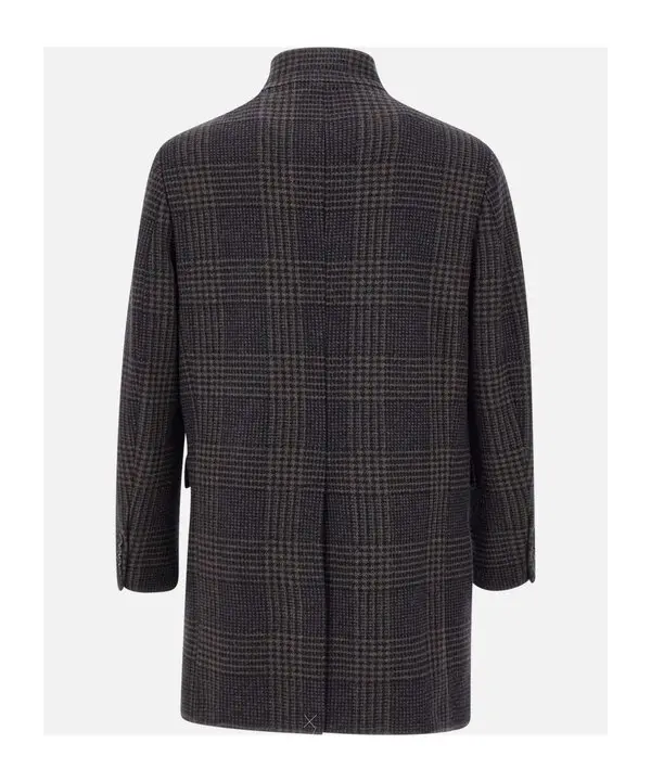 FAY Houndstooth Checked Wool Blend Coat - Black