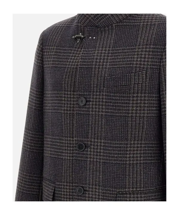 FAY Houndstooth Checked Wool Blend Coat - Black