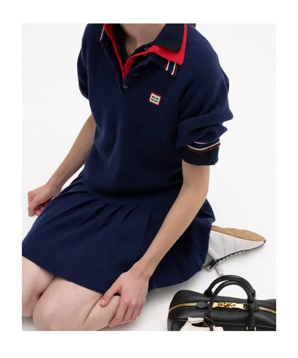 Miu Miu Logo Patch Pleated Mini Polo Dress