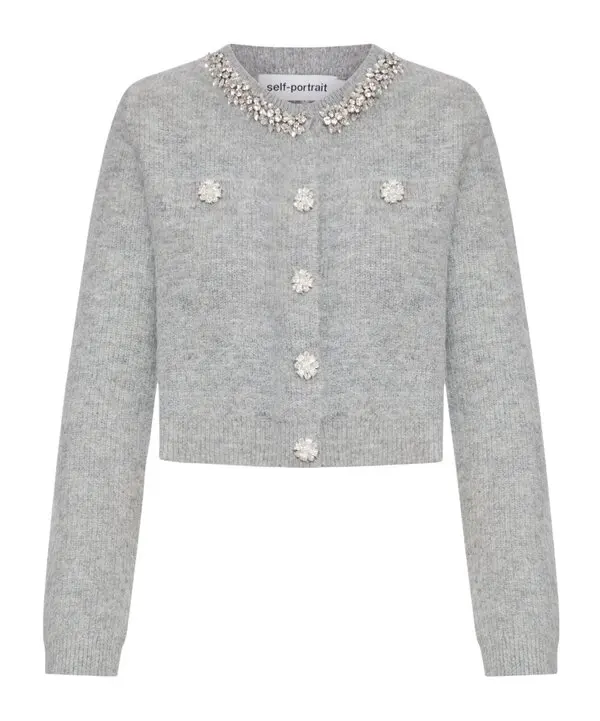 SELF-PORTRAIT Embellished Trim Cropped Cardigan - Grey