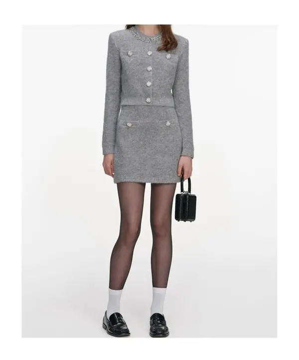 SELF-PORTRAIT Embellished Trim Cropped Cardigan - Grey