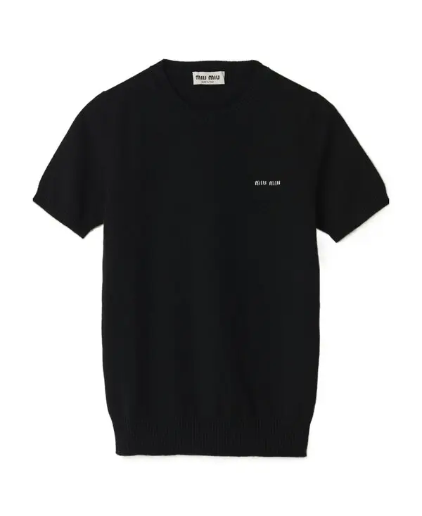 Miu Miu Logo Intarsia Knitted Short-sleeved Pullover - Black