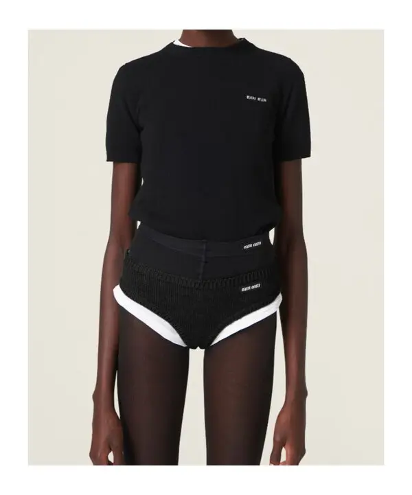 Miu Miu Logo Intarsia Knitted Short-sleeved Pullover - Black