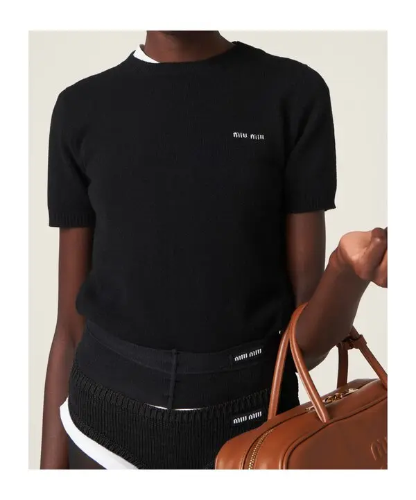 Miu Miu Logo Intarsia Knitted Short-sleeved Pullover - Black