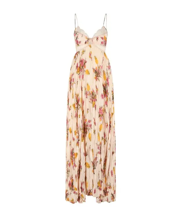 Blumarine Pleated Floral Maxi Dress With Lace Detail - Nude