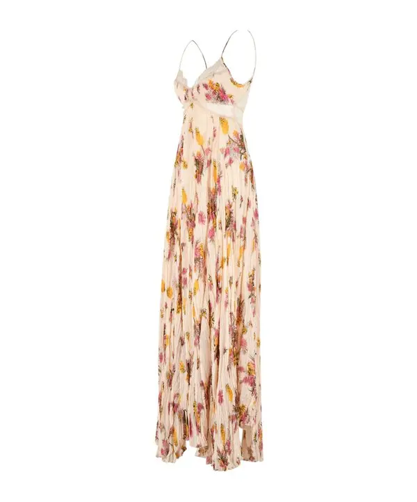 Blumarine Pleated Floral Maxi Dress With Lace Detail - Nude