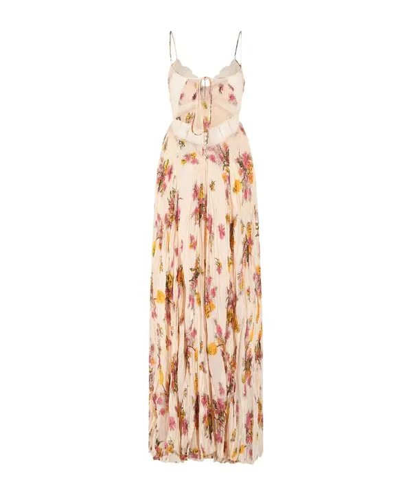 Blumarine Pleated Floral Maxi Dress With Lace Detail - Nude