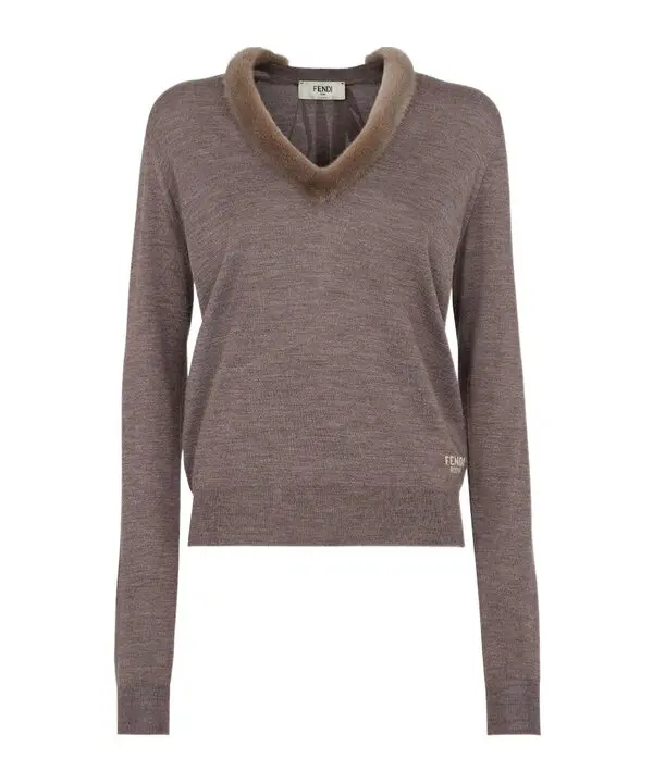 Fendi V-neck Jumper With Mink Collar And Back Tie Detail