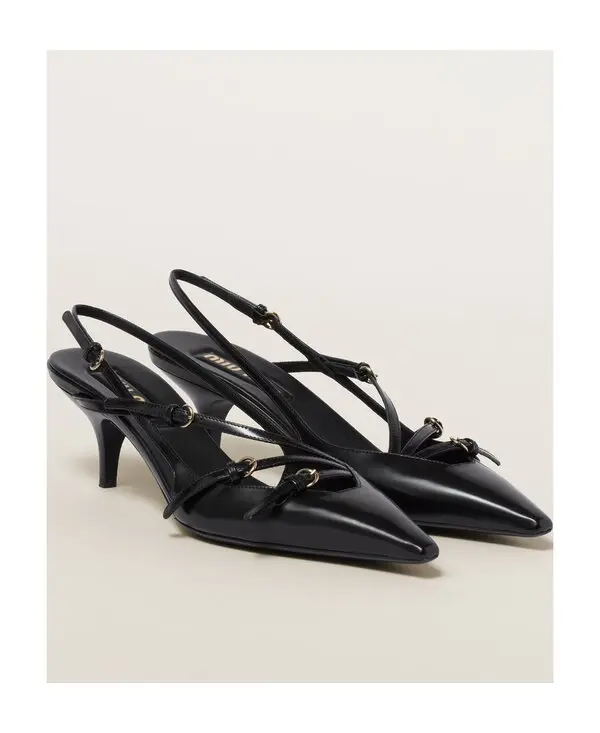 Miu Miu Buckle Embellished Pointed Toe Slingback Pumps - Black