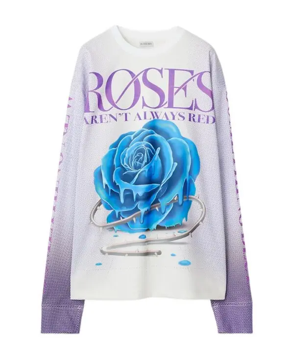 Burberry Floral Rose Printed Long Sleeve Crewneck T-shirt - Blue