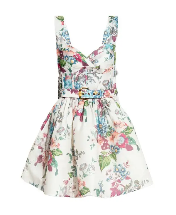 Zimmermann Sleeveless Floral Dress With Buckle Belt - White
