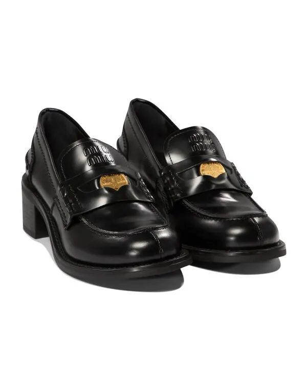Miu Miu Brushed Leather Loafers With Logo Detail - Black