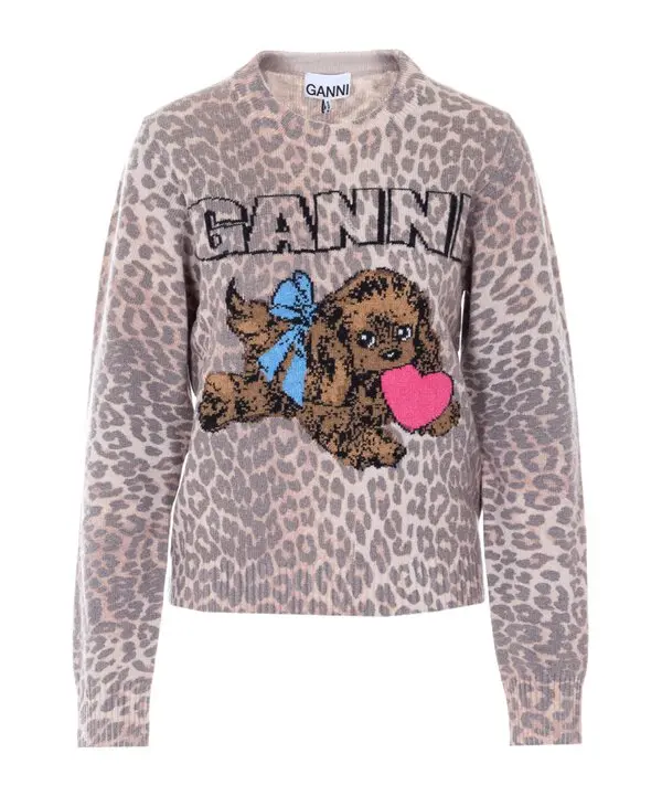 GANNI Leopard Print Dog Intarsia Jumper