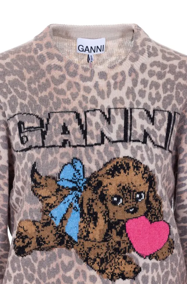 GANNI Leopard Print Dog Intarsia Jumper