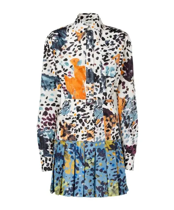 Fendi Falena Print Belted Pleated Mini Dress - White And Light Blue