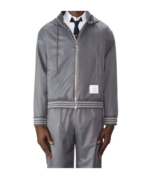 Thom Browne Ripstop Lightweight Jacket With Rwb Stripes And Logo Patch - Silver