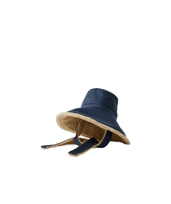 Gucci Wide Brim Hat With Logo Fur Trim - Midnight Blue And Beige