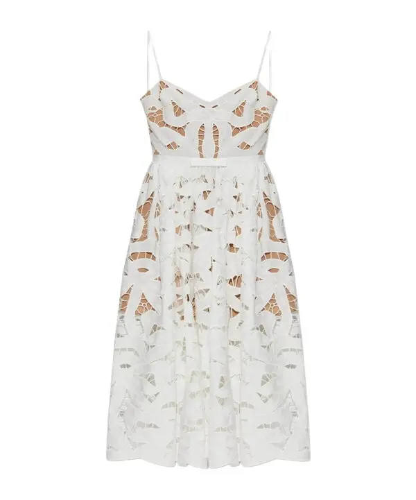 SELF-PORTRAIT Embroidered Midi Dress With Bow Waistband - White
