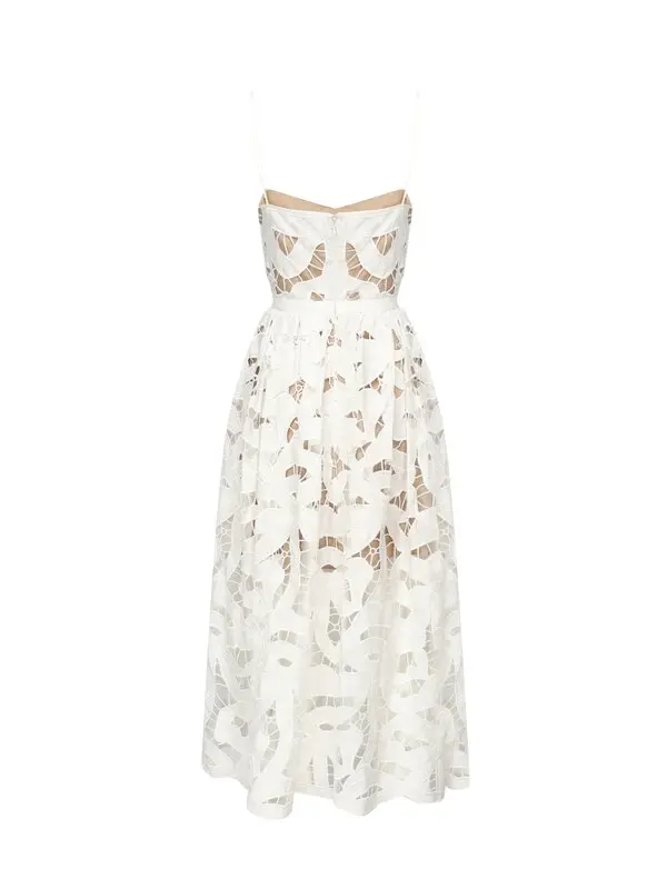 SELF-PORTRAIT Embroidered Midi Dress With Bow Waistband - White