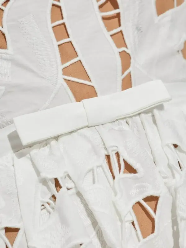 SELF-PORTRAIT Embroidered Midi Dress With Bow Waistband - White