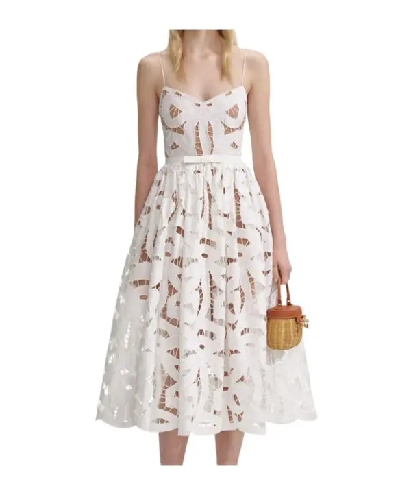 SELF-PORTRAIT Embroidered Midi Dress With Bow Waistband - White