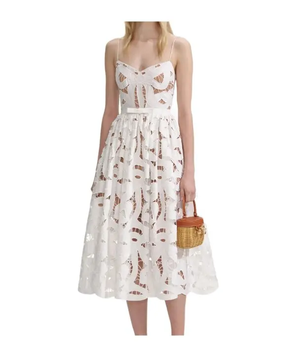 SELF-PORTRAIT Embroidered Midi Dress With Bow Waistband - White