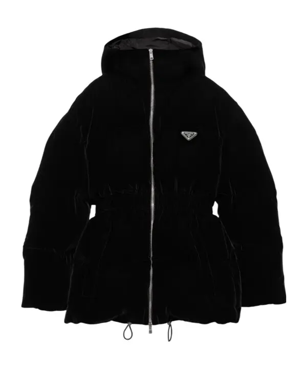 Prada Velvet Down Jacket With Drawstring Hem And Hood - Black