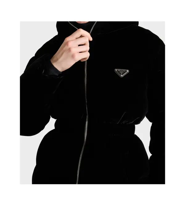 Prada Velvet Down Jacket With Drawstring Hem And Hood - Black