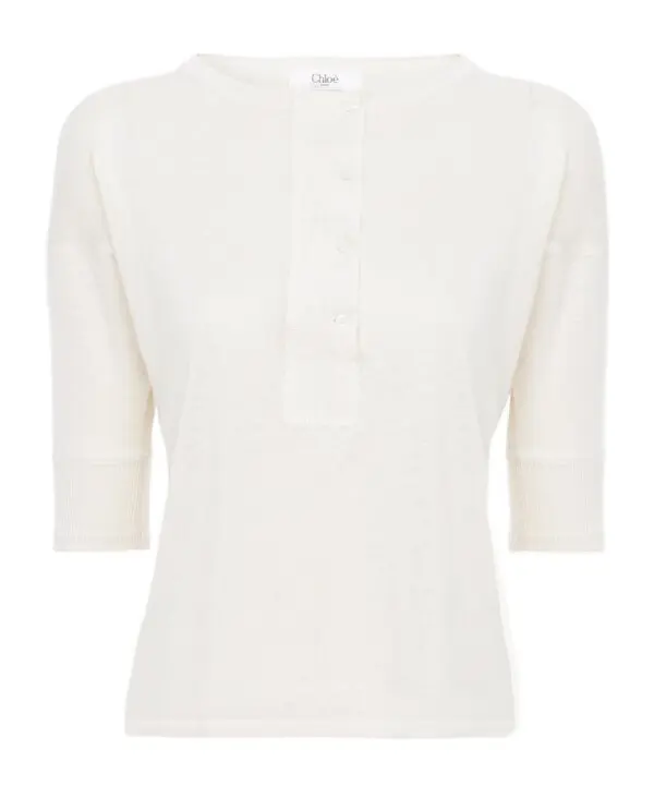 Chloé Short-sleeve Henley Knit Top - Iconic Milk