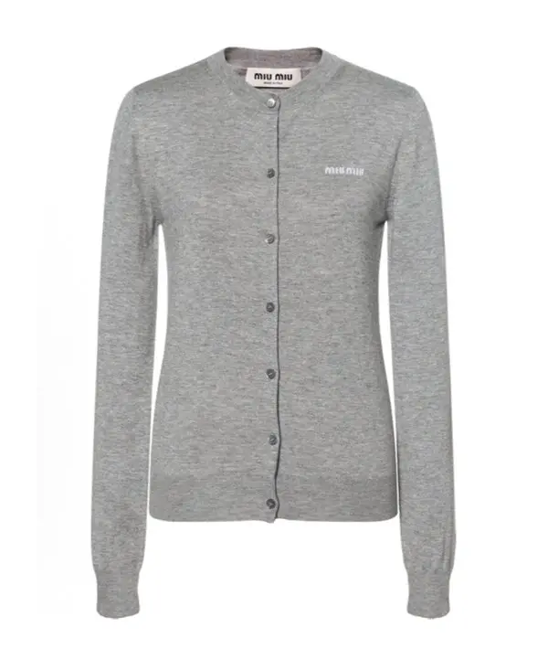 Miu Miu Crewneck Button-up Cardigan With Logo Detail - Zen Grey