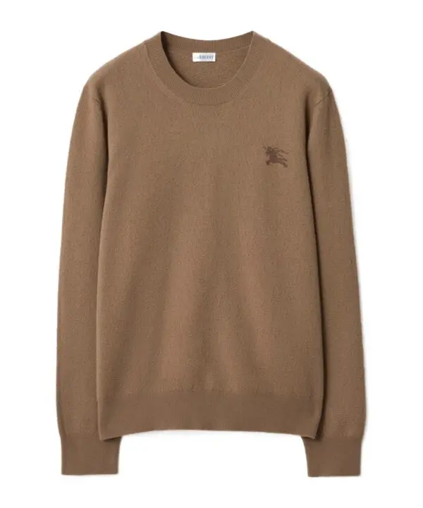 Burberry Crew Neck Lightweight Wool Sweater With Embroidered Equestrian Knight Design - Camel