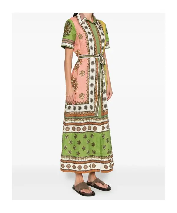 ALEMAIS Printed Maxi Dress With Pointed Collar And Short Sleeves