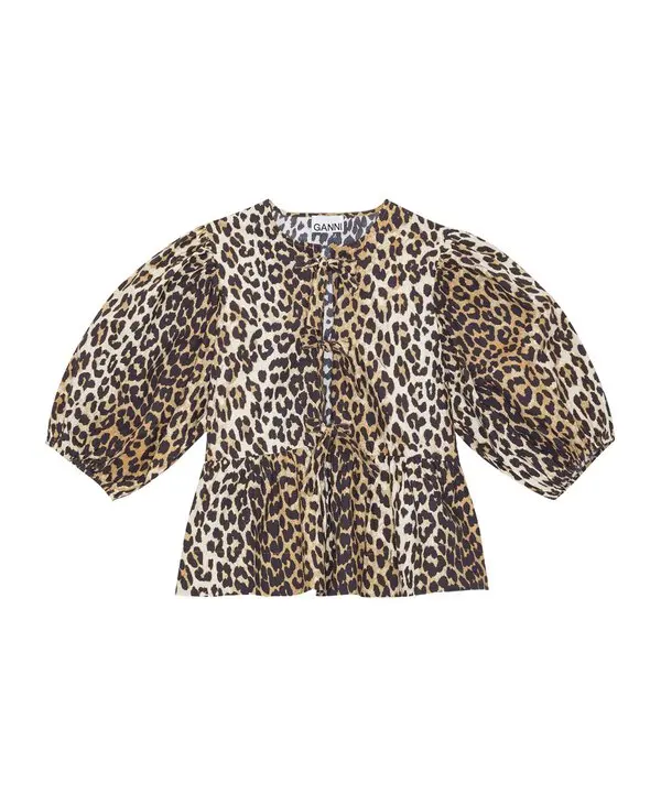 GANNI Printed Peplum Tie Blouse - Leopard Color