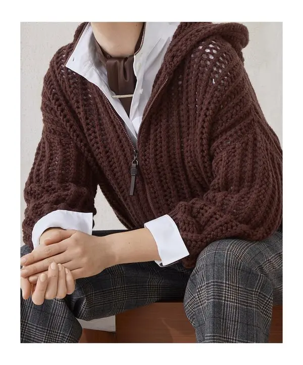 Brunello Cucinelli Openwork Ribbed Hooded Cardigan - No