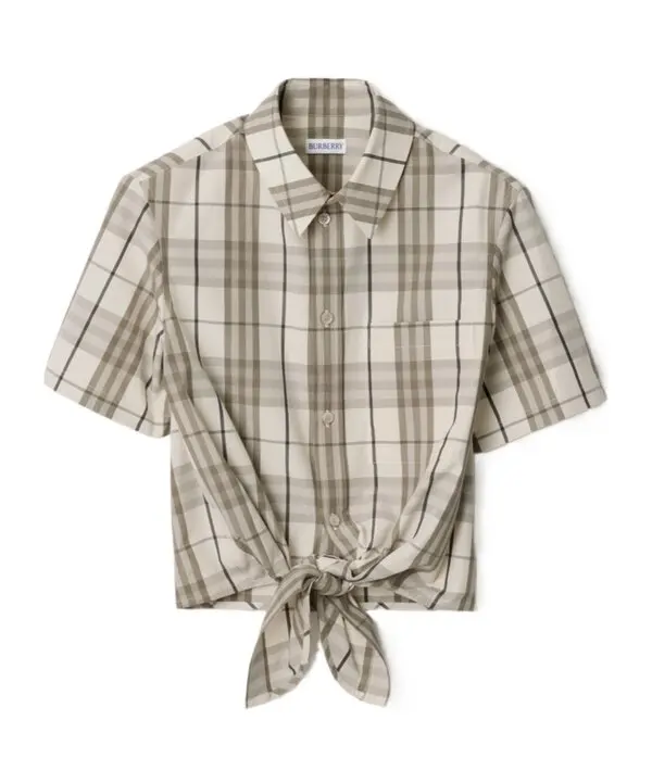 Burberry Cropped Checked Shirt With Self-tie Hem - Nude