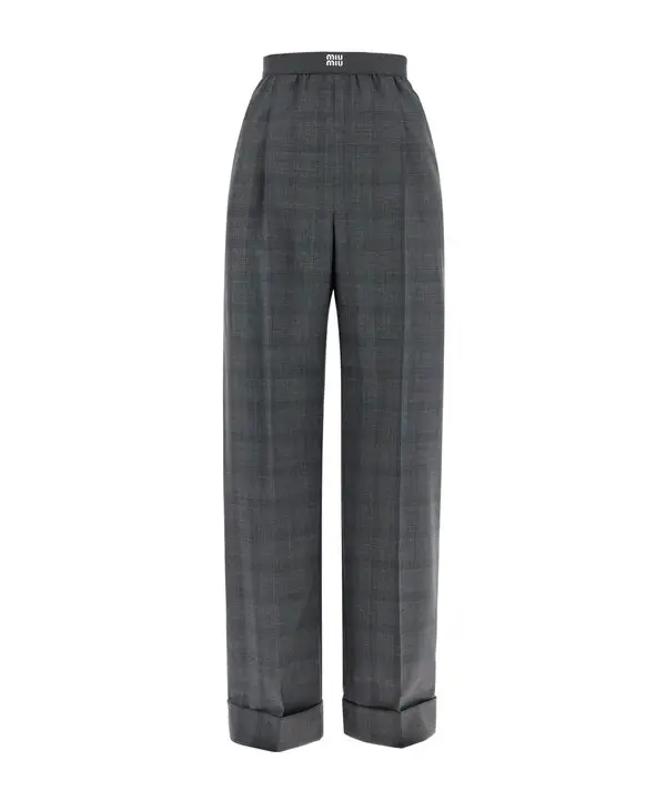 Miu Miu Prince Of Wales Plaid Wide Leg Trousers - Limestone Ash