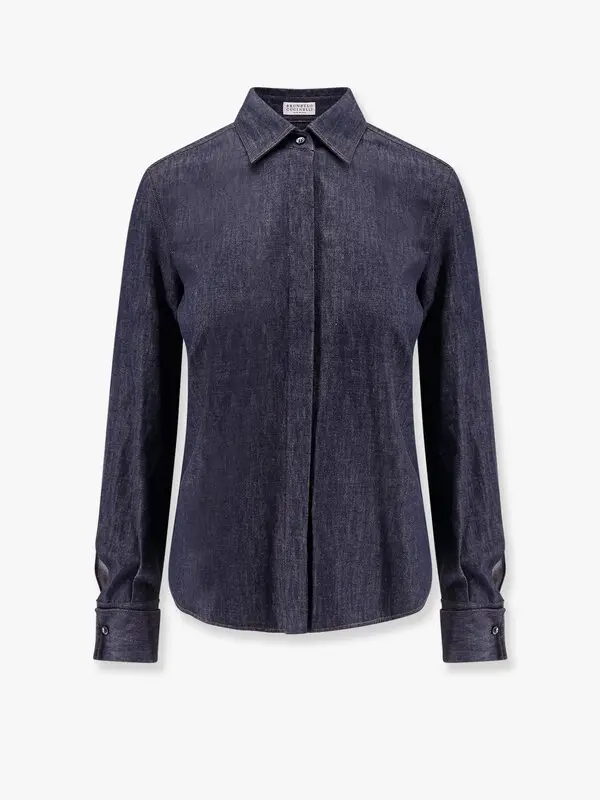 Brunello Cucinelli Embellished Long-sleeved Denim Shirt - Dark Denim