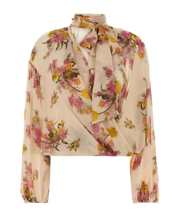 Blumarine Floral Printed Georgette Top With Tie Neck - No
