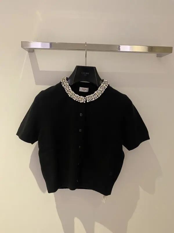 Celine Embroidered Cropped Cardigan In Cashmere - Black