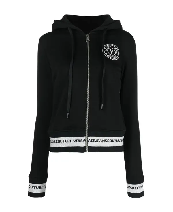 Versace Logo Embroidered Zip-up Hoodie - Black