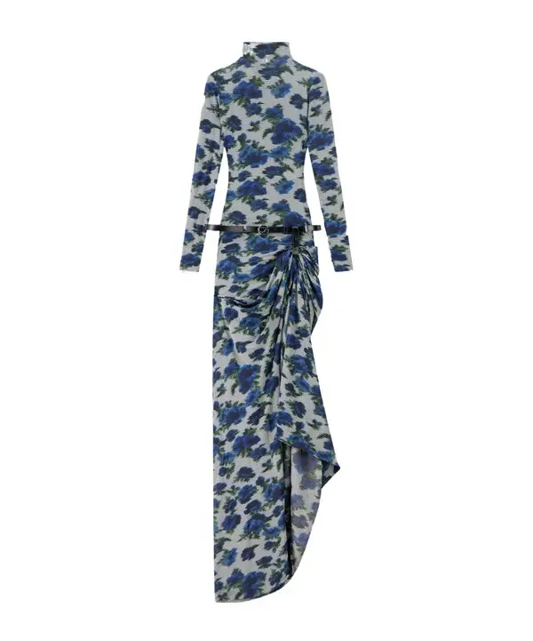 Coperni Long Sleeve Floral Print Asymmetrical Maxi Dress With Slit - Gray