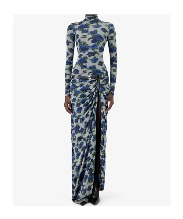 Coperni Long Sleeve Floral Print Asymmetrical Maxi Dress With Slit - Gray