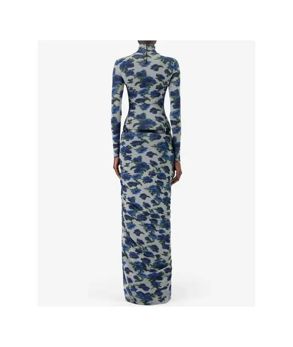 Coperni Long Sleeve Floral Print Asymmetrical Maxi Dress With Slit - Gray
