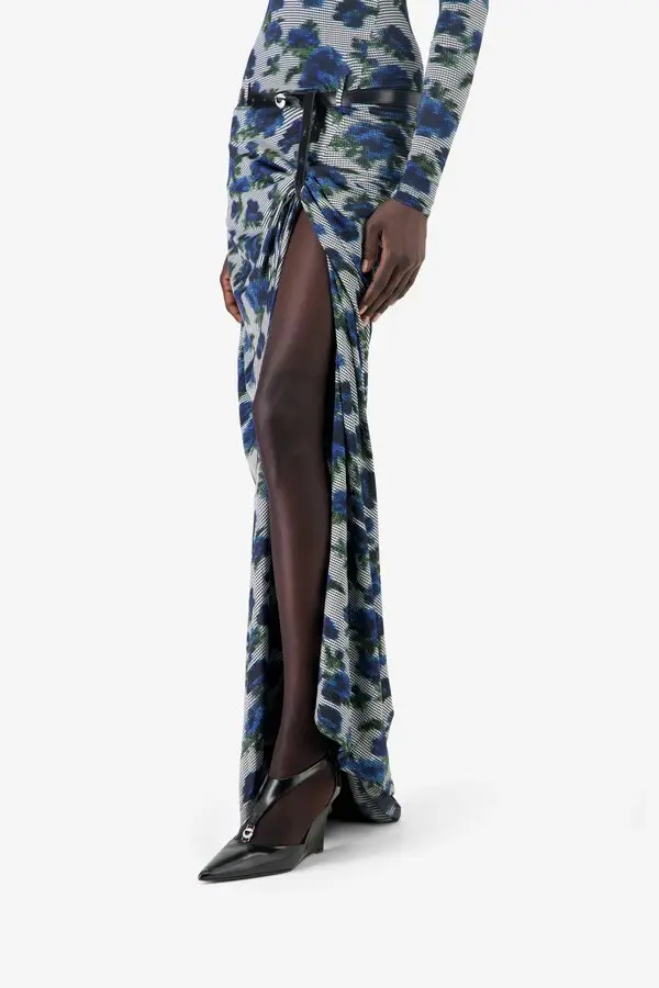 Coperni Long Sleeve Floral Print Asymmetrical Maxi Dress With Slit - Gray