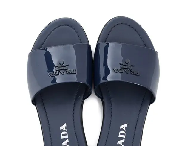 Prada Logo Detail Open Toe Slides - Blue