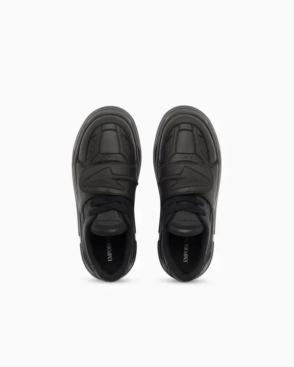 Emporio Armani Leather-effect Lace-up Trainers With Velcro Strap